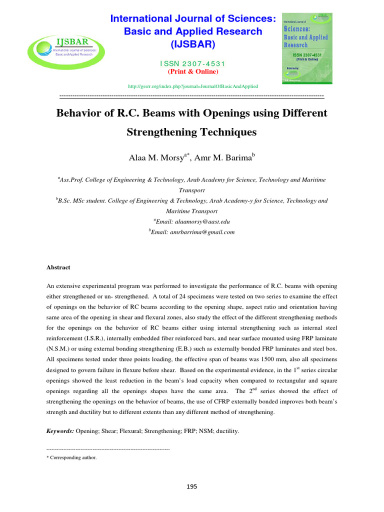 Behavior Of R C Beams With Openings Using Different Strengthening Techniques Pdf Beam