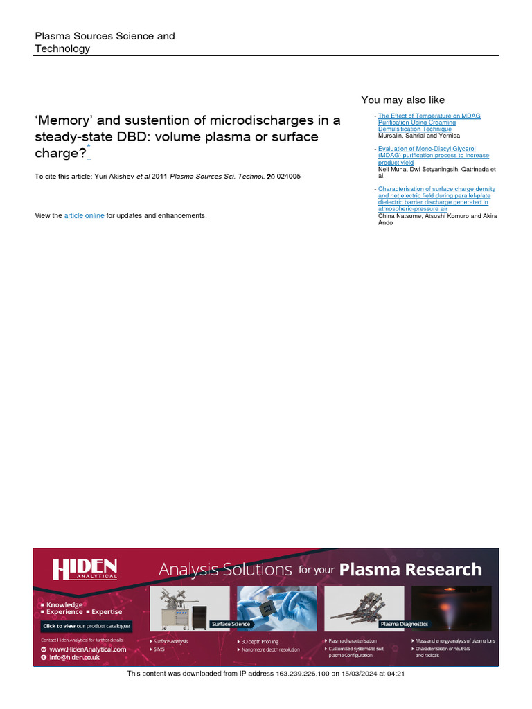 Akishev 2011 Plasma Sources Sci. Technol. 20 024005 | PDF | Plasma (Physics) | Physical Quantities