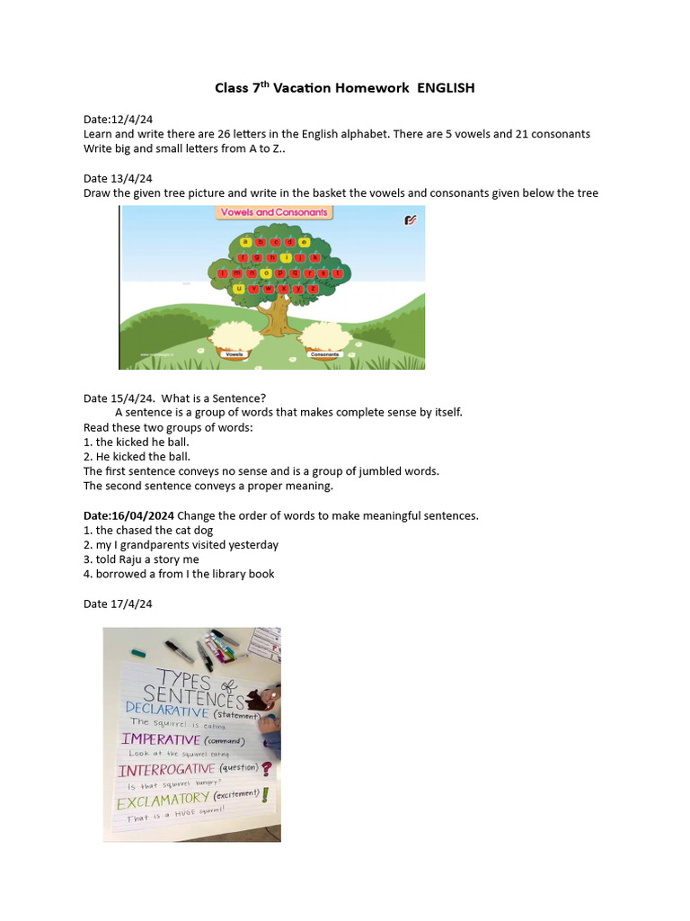 7th English Vacation Homework | PDF | English Language | Word