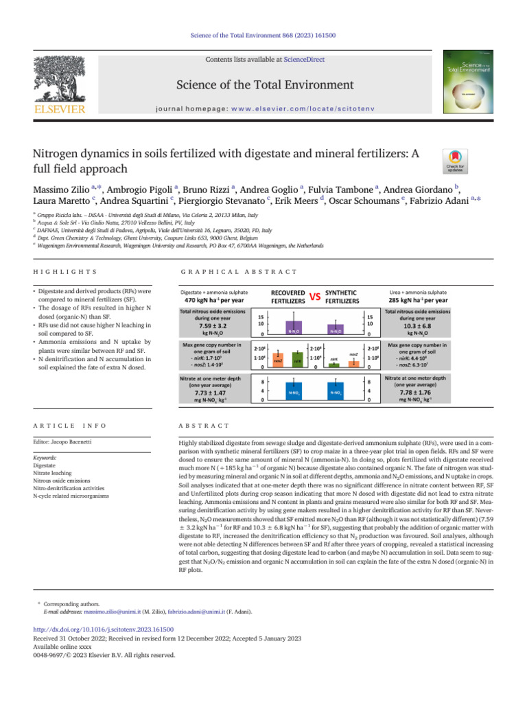 Nitrogen Dynamics in Soils Fertilized With Digestate and Mineral Fertilizers: A Full Field ...