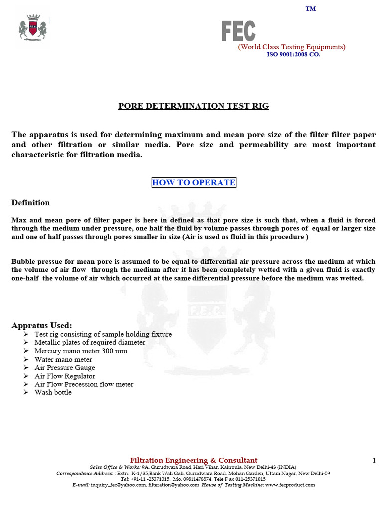 Pore Determination Test Rig Guide | PDF | Filtration | Pressure