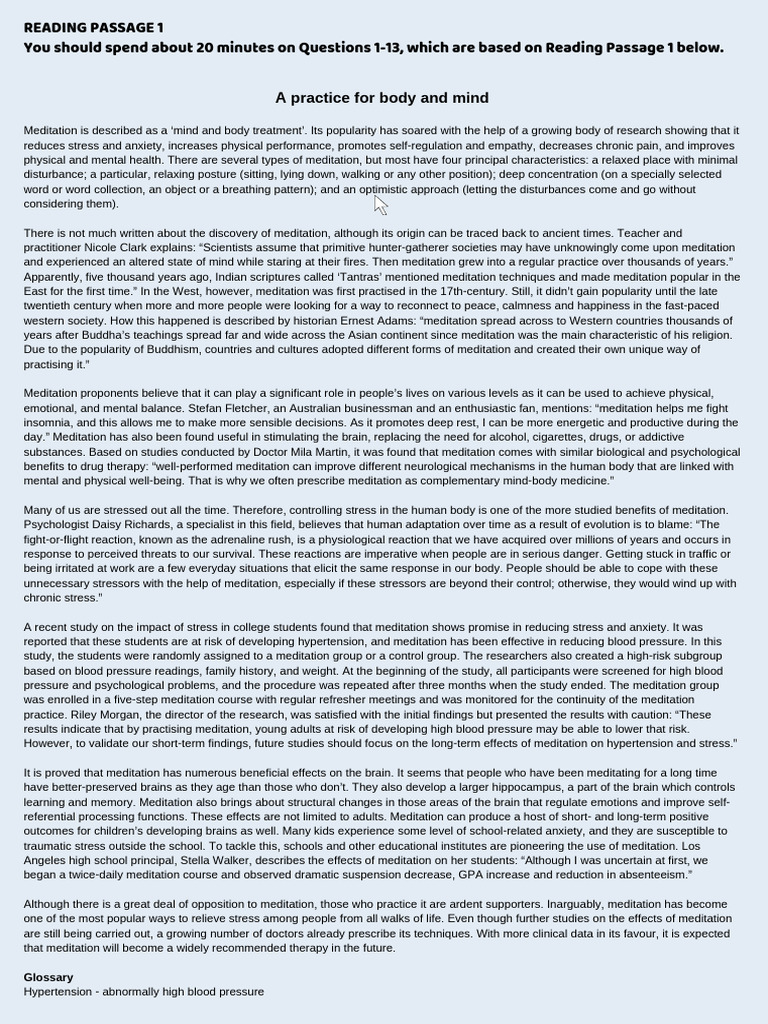 Ielts Reading Test 1 Text Questions | PDF | Meditation | Punishments