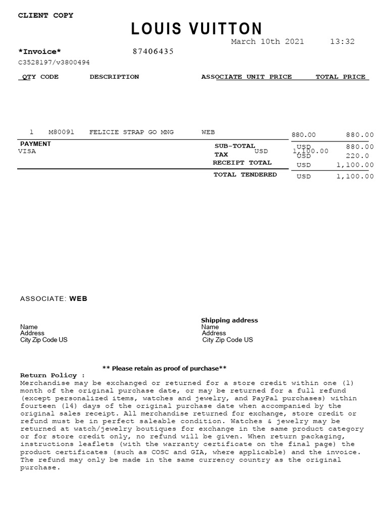 Louis Vuitton Purchase Receipt Details | PDF