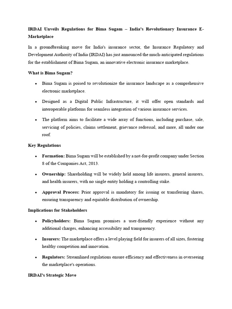 IRDAI Unveils Regulations For Bima Sugam | PDF | Insurance | Business