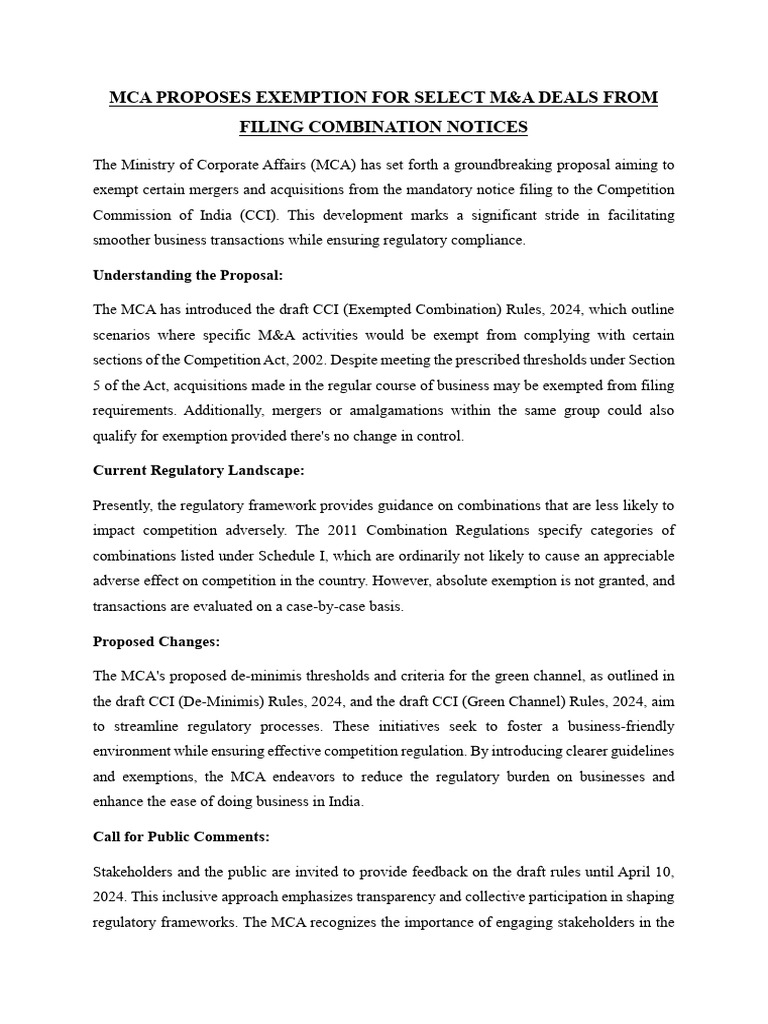 Mca Proposes Exemption For Select M&a Deals From Filing Combination ...