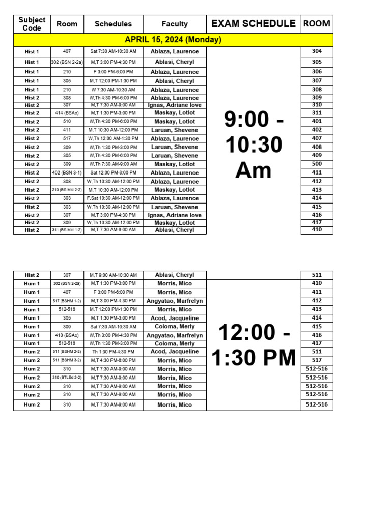 April 2024 Exam Room Schedule | PDF | Social Science