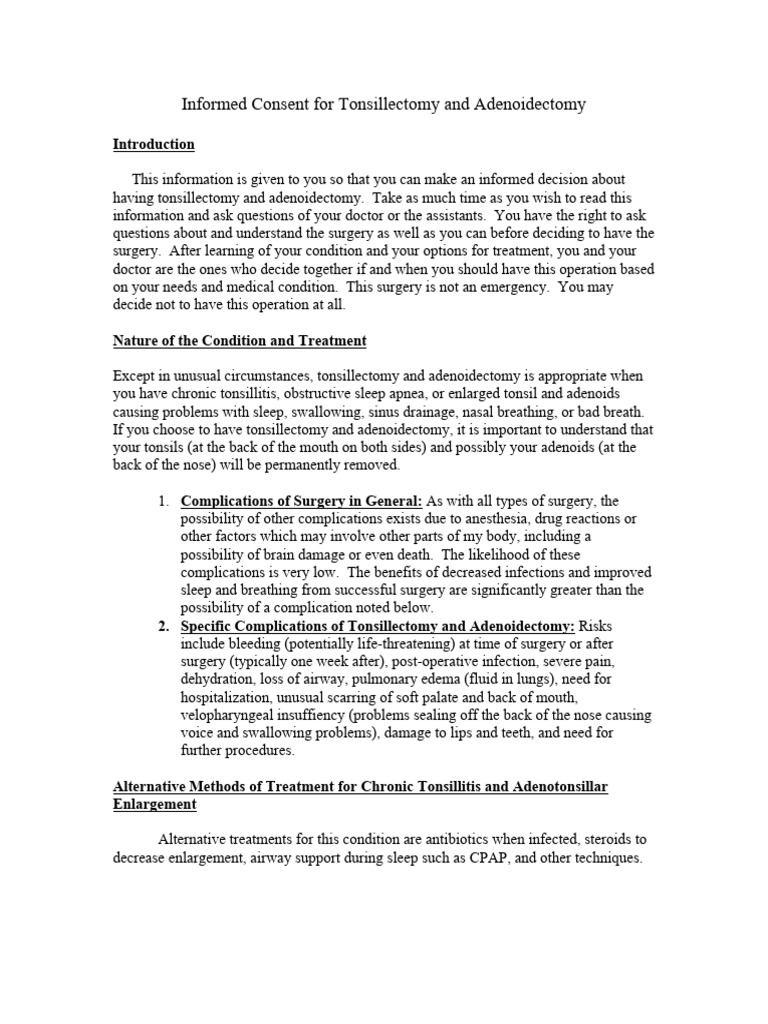Tonsillectomy Adenoidectomy Consent | PDF | Diseases And Disorders | Health Care