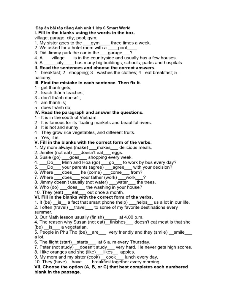 Đáp án bài tập tiếng Anh unit 1 lớp 6 Smart World | PDF | Language Arts & Discipline | Foreign ...