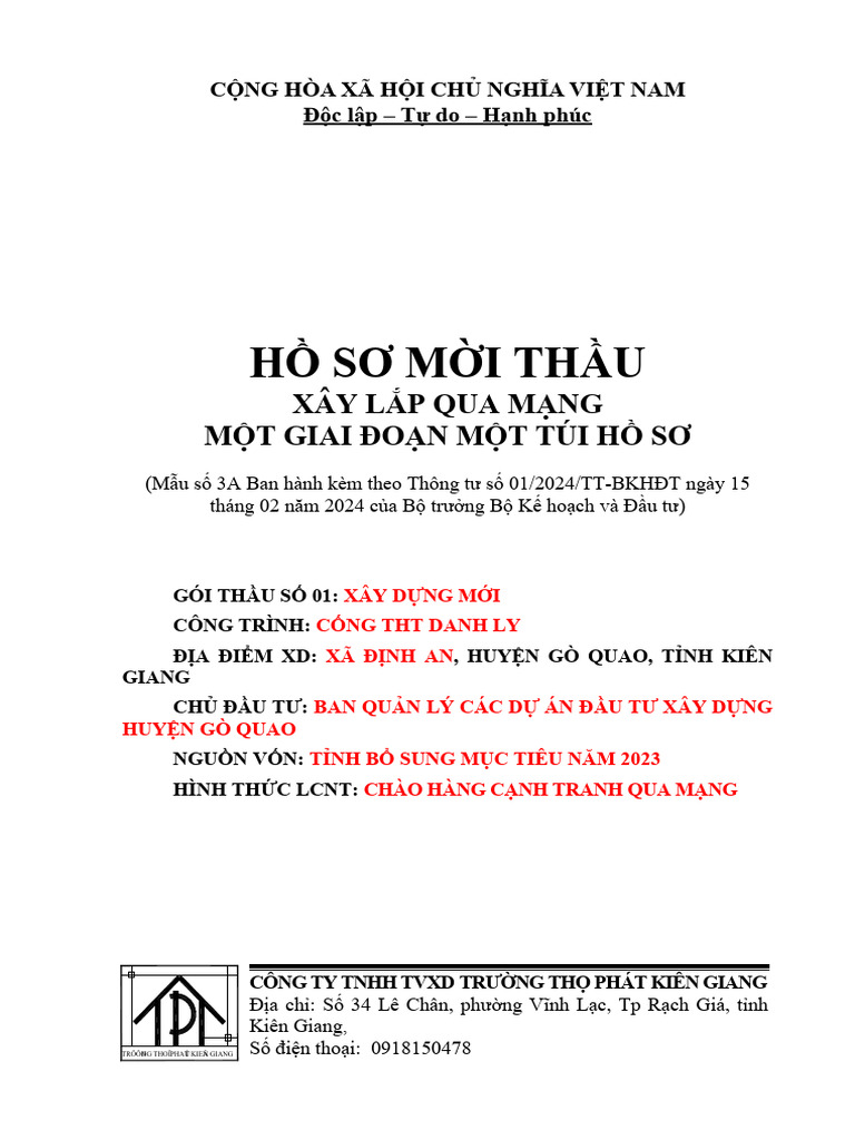 E-HSMT Xây Lắp 1 Túi - Cống Danh Ly Ngày 05-04-2024 | PDF