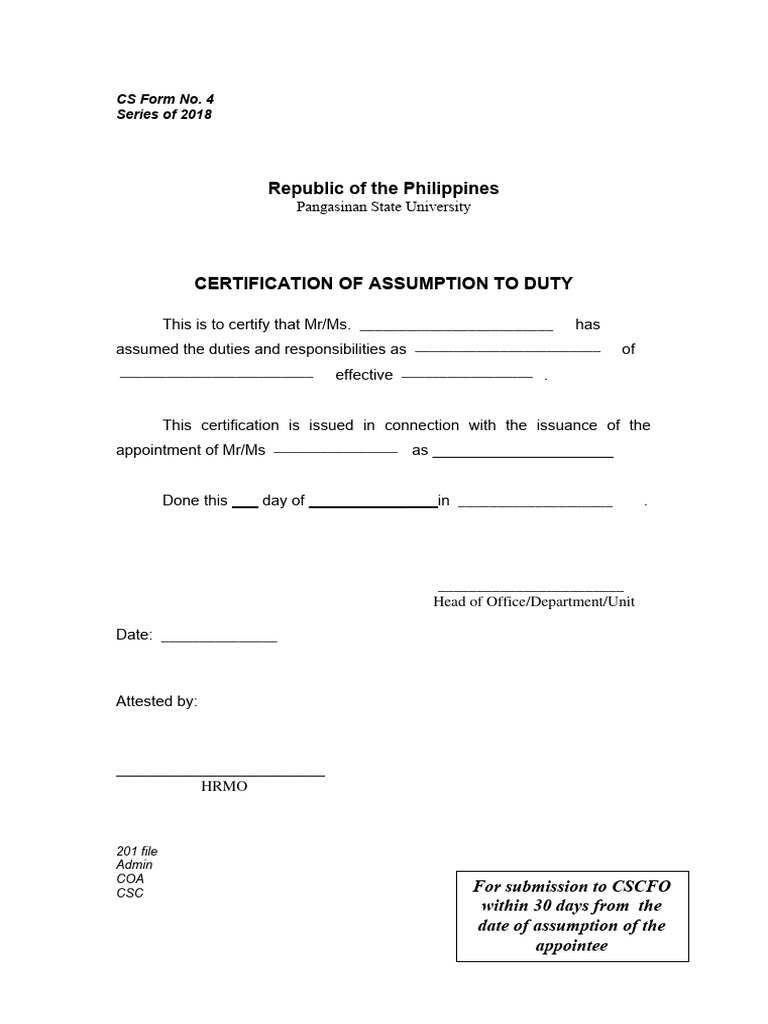 CS Form No. 4 Certification of Assumption To Duty | PDF | Career & Growth