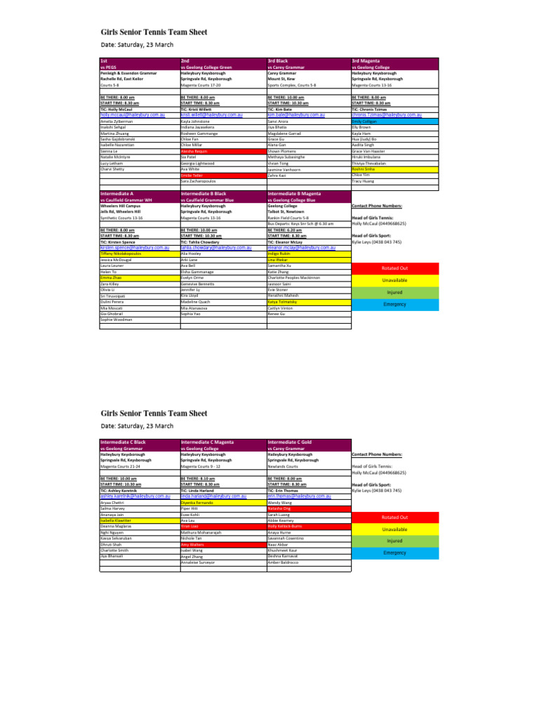 2024 Girls Tennis SNR Team Sheet 23 March | PDF