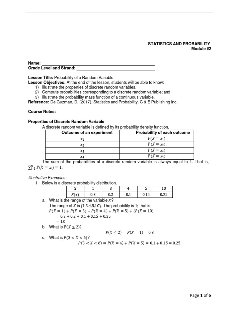 STATS AND PROB - 2 - Probability of Random Variables | PDF | Probability Distribution | Random ...
