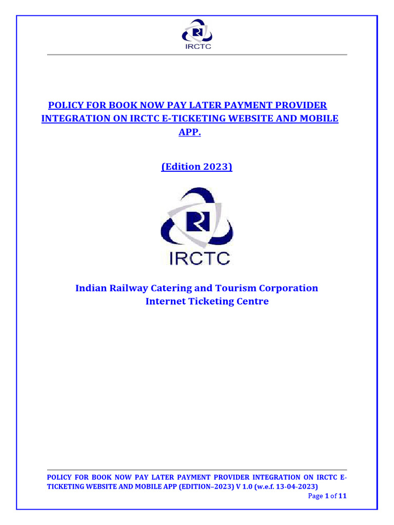 IRCTC Book Now Pay Later Policy 2023 | PDF | Payments | Taxes
