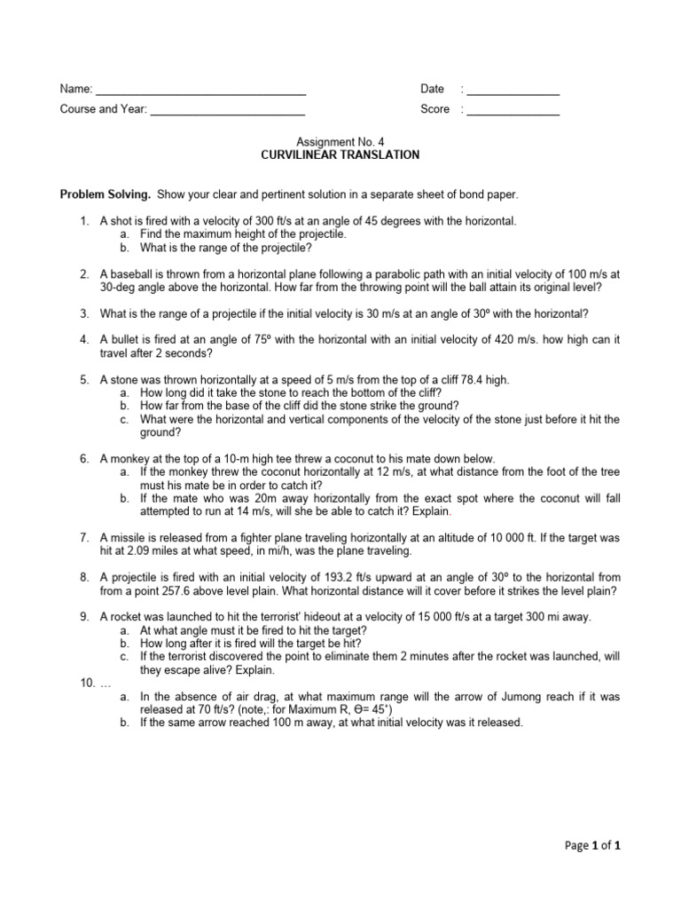 Assignment 4. Curvilinear Translation | PDF | Projectiles | Ballistics
