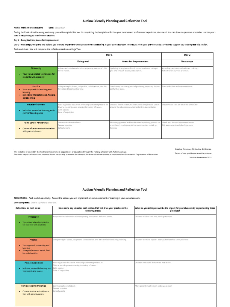 Autism Friendly Planning and Reflection Tool 2023 - Uni | PDF | Inclusion (Education) | Learning