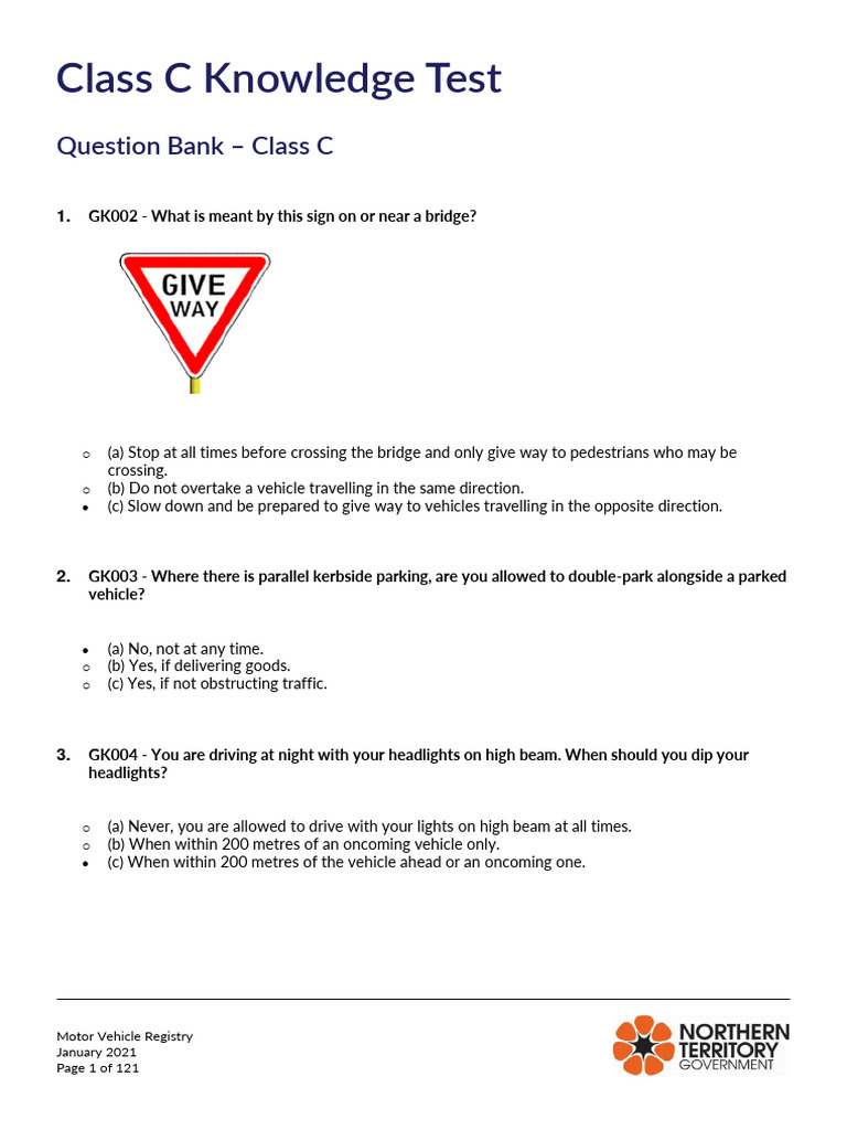 Class C Knowledge Test Questions | PDF | Traffic | Traffic Light