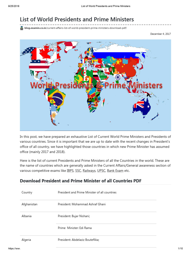Current World Presidents and PMs List | PDF | Government | Political ...