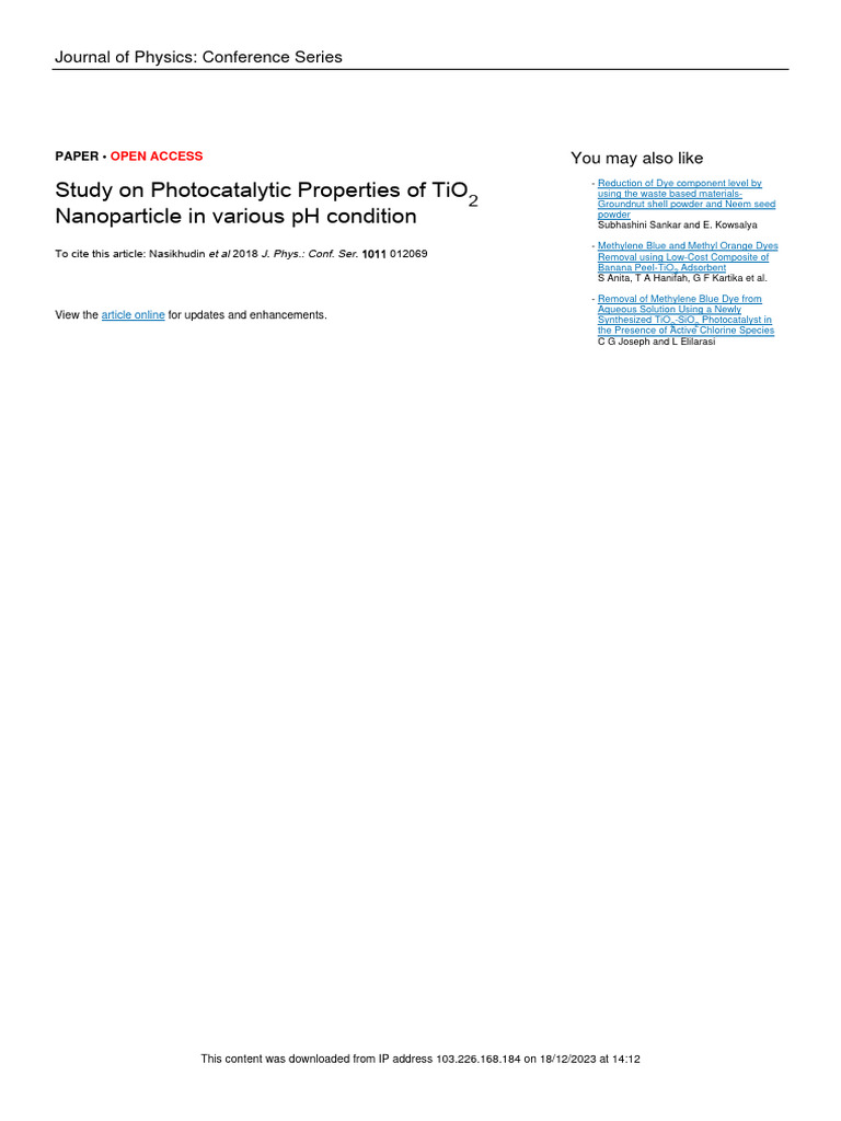 TiO2 Nanoparticle Photocatalysis Study | PDF | Titanium Dioxide | Chemistry