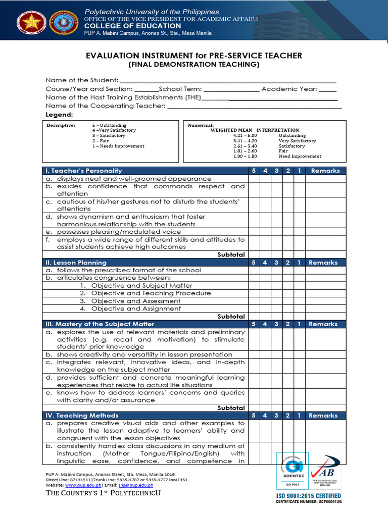 Evaluation Tool for Pre-Service Teachers | PDF | Learning | Teachers