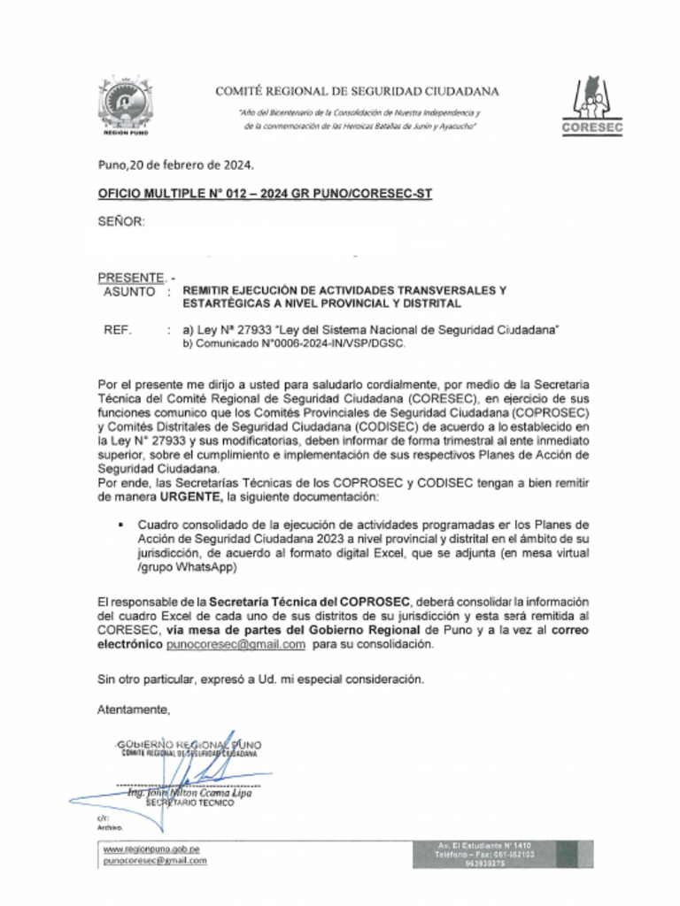 Oficio Multiple N°012 2024grpuno Coresec ST | PDF Oficio Multiple N°012 2024grpuno Coresec ST | PDF