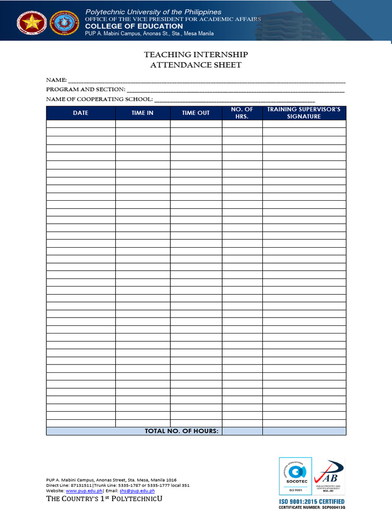 Attendance Sheet - Teaching Internship | PDF