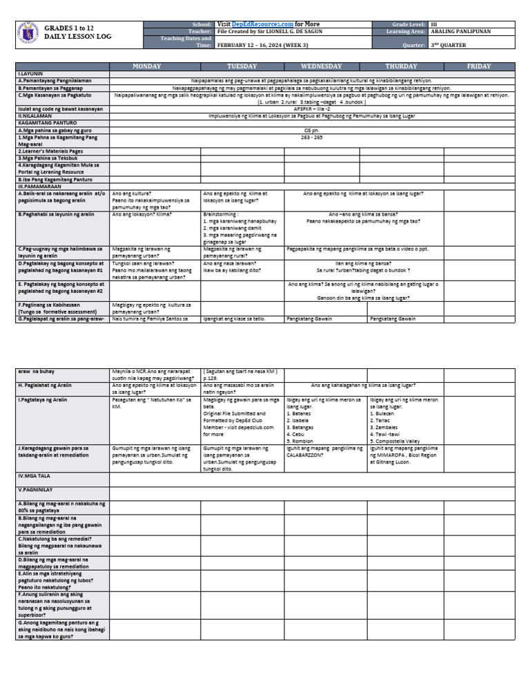 DLL Araling Panlipunan 3 q3 w3 | PDF