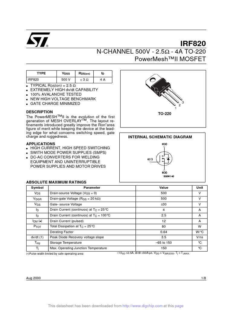 IRF820 | PDF | Diode | Field Effect Transistor