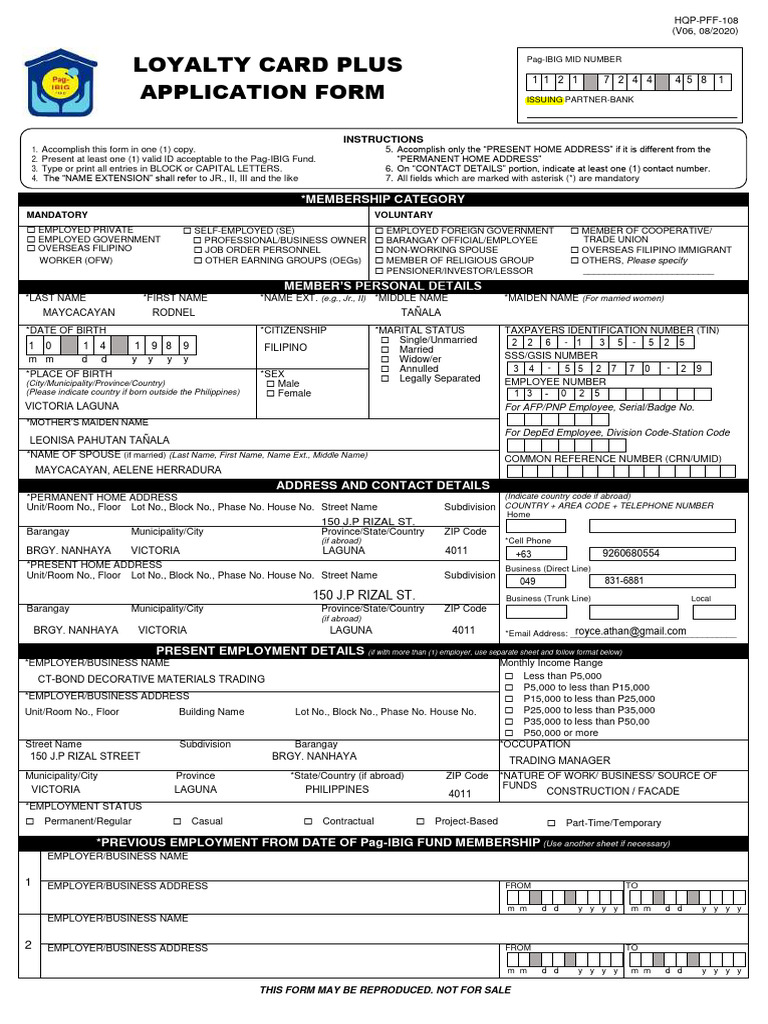 Pag-IBIG Loyalty Card Plus Application | PDF | Identity Document | Banks