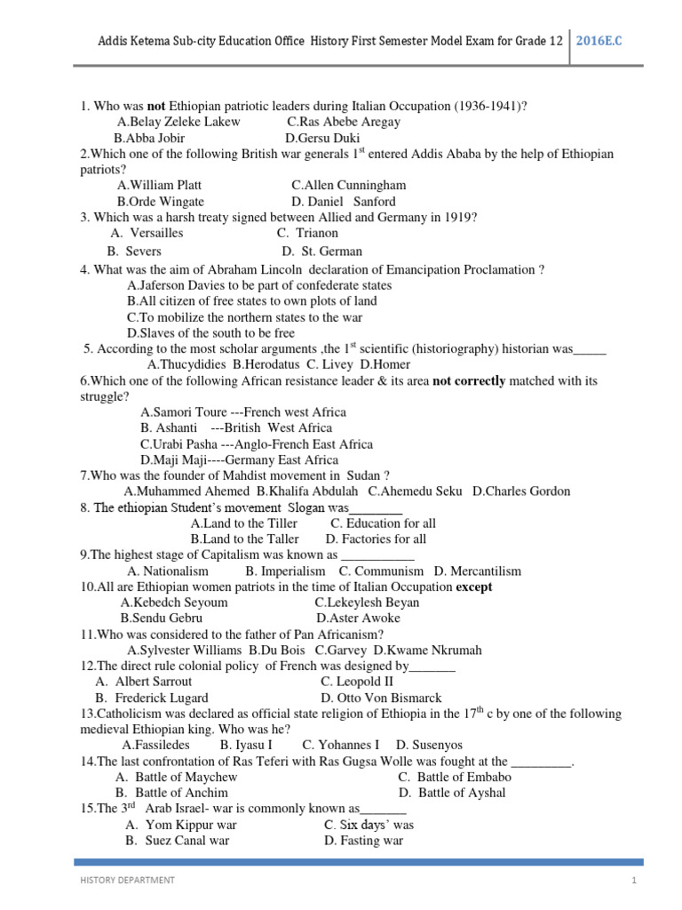 HISTORY MODEL EXAM FOR G-12 2016 ADDIS KETEMA | PDF | Ethiopia