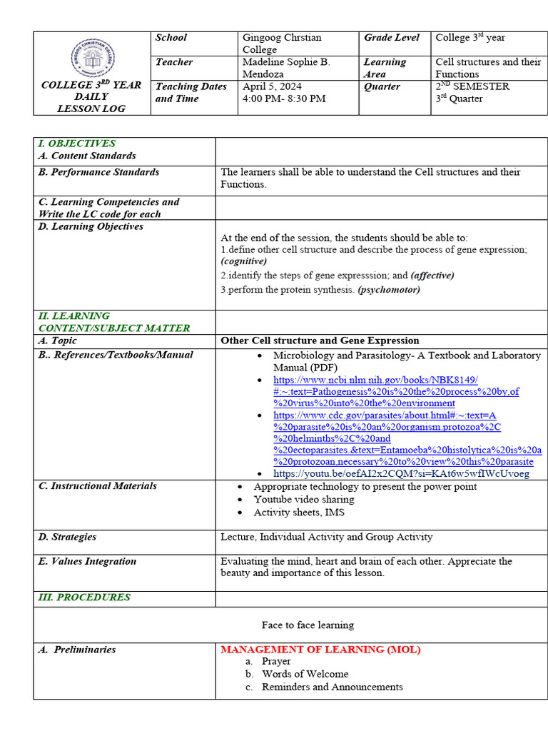Anaphy Mawe Lesson Plan | PDF | Translation (Biology) | Dna