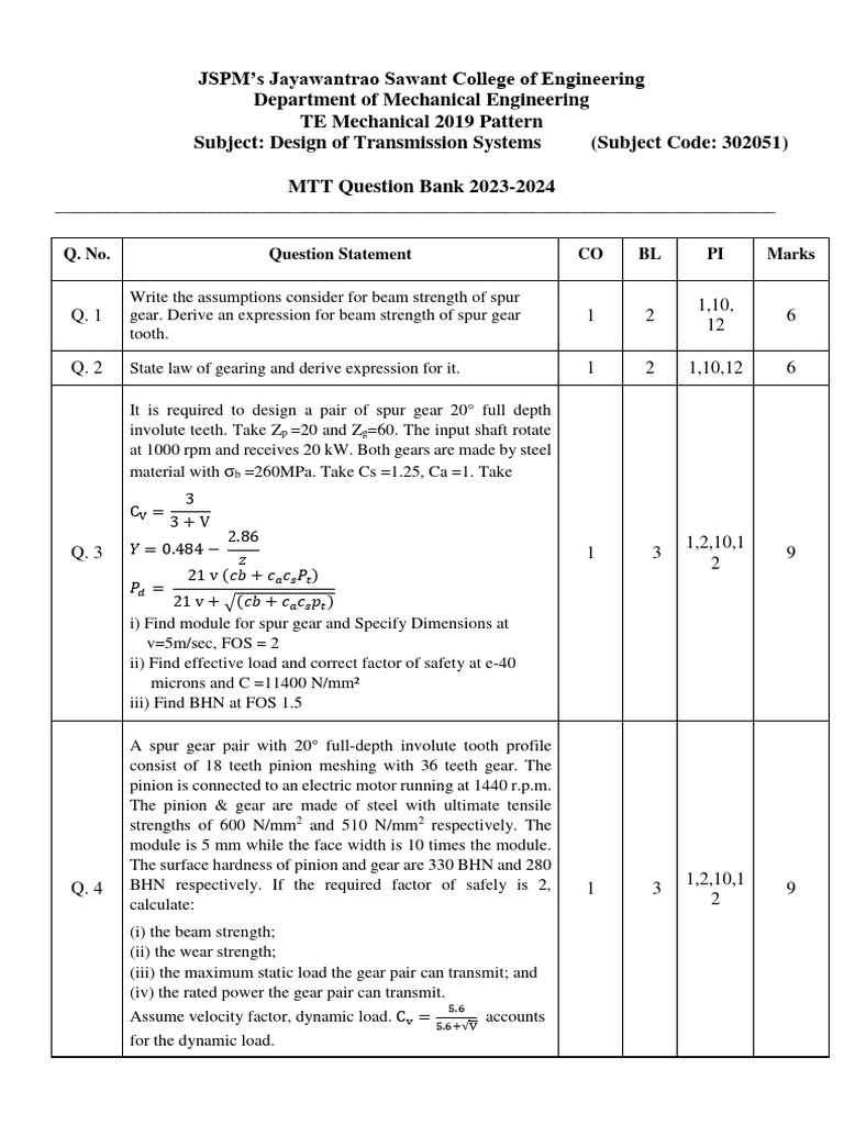 DTS - Mid Term Question Bank | PDF | Gear | Friction
