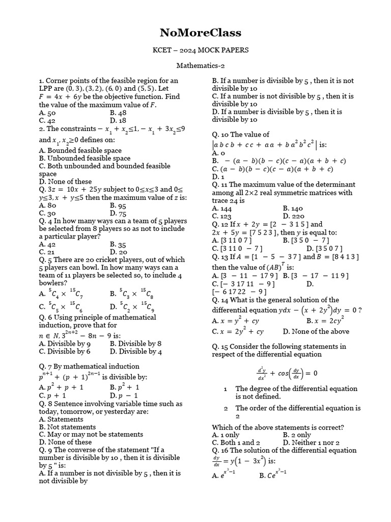 CET Math Mock-2 | PDF | Tangent | Equations