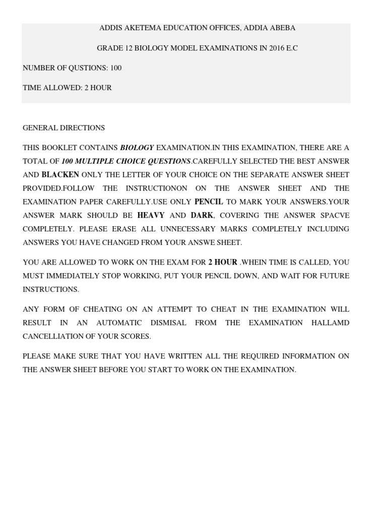 Biology Model Exam For G-12 2016 Addis Ketema | PDF | Cellular ...