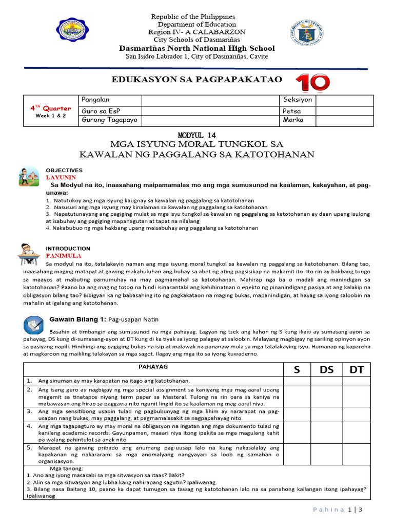 Esp Grade 10 3rd Q Module 14 | PDF