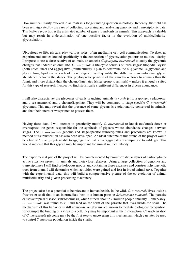 Glycome and Multicellularity Project Abstract | PDF | Evolution | Biology