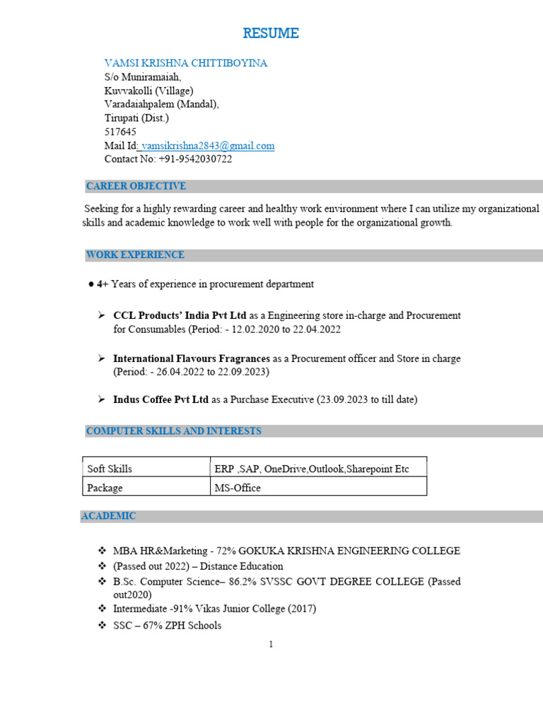 Purchase Resume - CH Vamsi Krishna PDF | PDF | Procurement