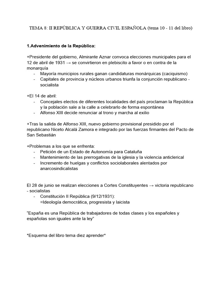TEMA 8 - II REPÚBLICA Y GUERRA CIVIL ESPAÑOLA (Tema 10 - 11 Del Libro) | PDF | Francisco franco ...