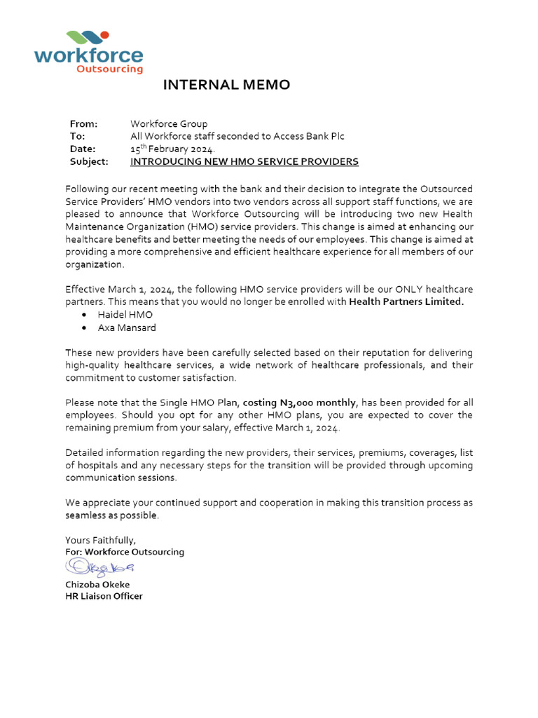 Internal Memorandun To Workforce Staff | PDF