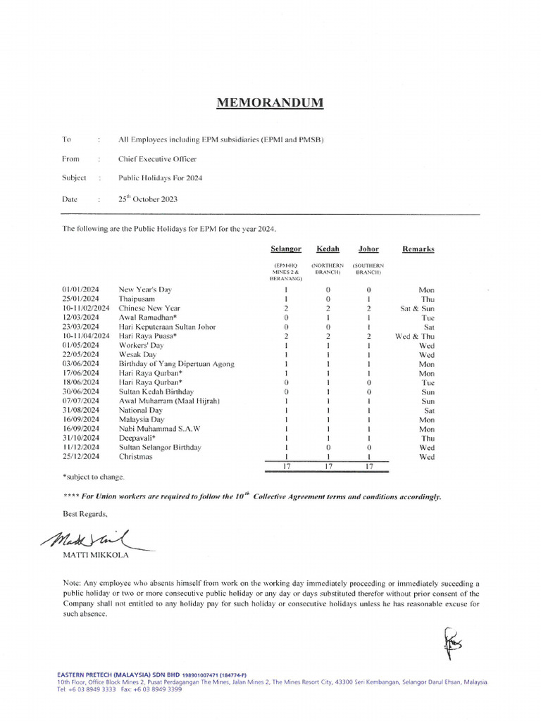Memo - Public Holiday 2024 | PDF