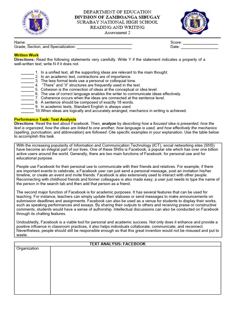 Reading and Writing Assessment Guide | PDF | Facebook | Social ...