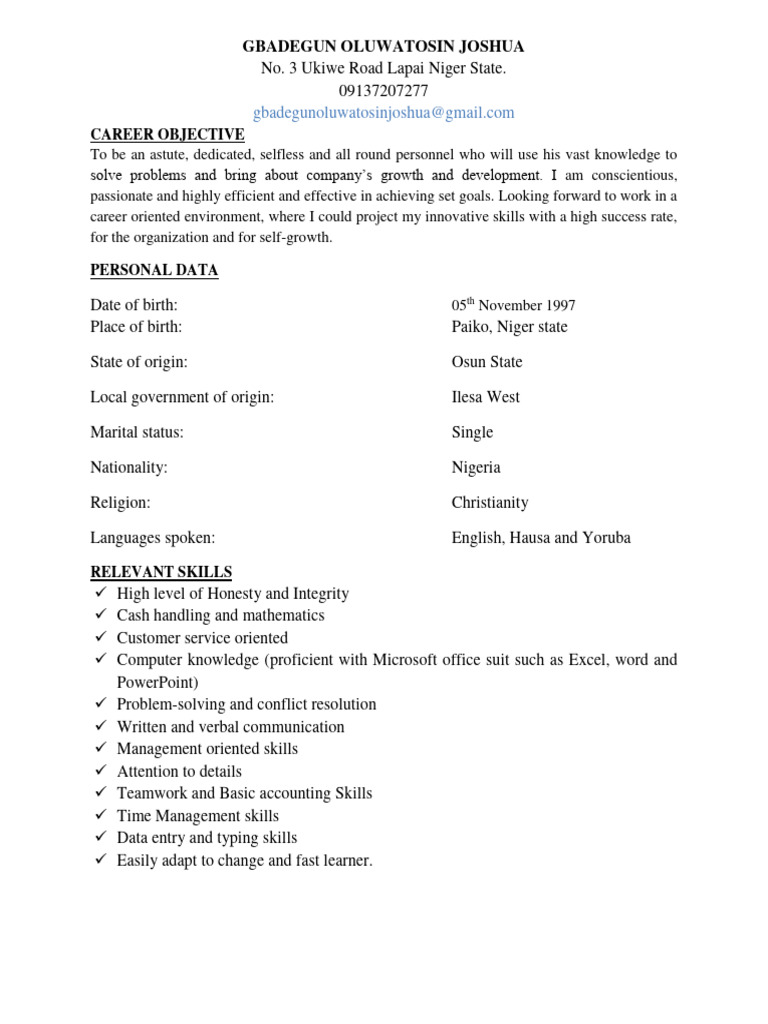 GBADEGUN OLUWATOSIN JOSHUA CV | PDF | Cognition | Learning