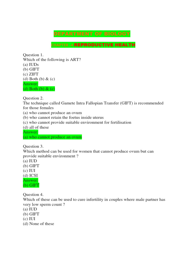 Reproductive Health MCQ Questions | PDF | Birth Control | Sexually ...
