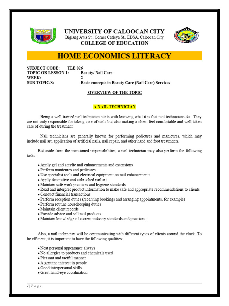TLE 026 Home Economics Literacy Module 1 | PDF | Nail (Anatomy ...