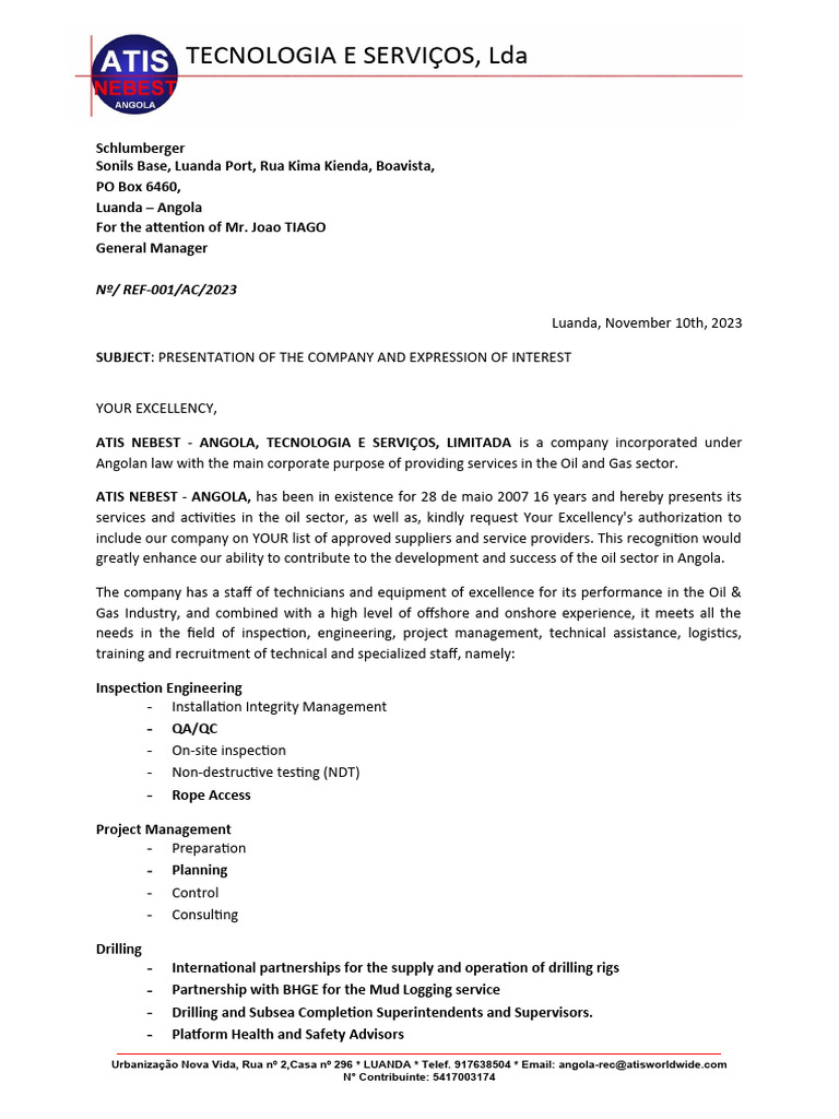 Atis Nebest-Angola_presentation Letter | PDF | Oil Well | Angola