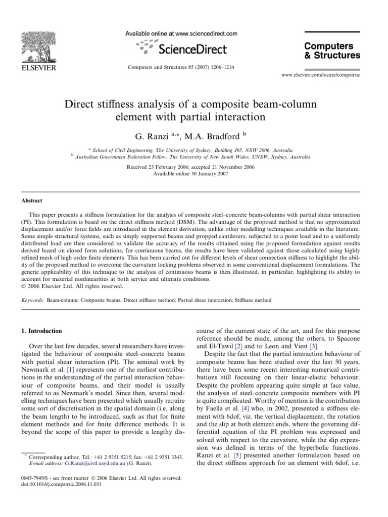 Direct Stiffness Analysis of A Composite Beam-Column Element With Partial Interaction | PDF ...