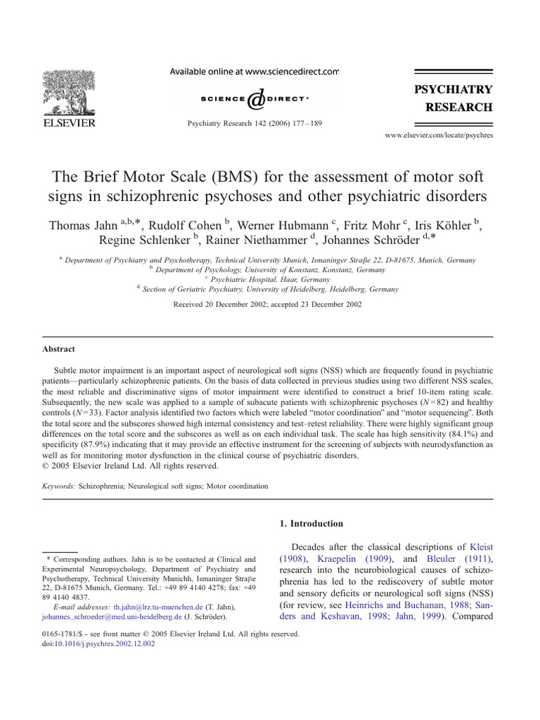 The Brief Motor Scale BMS For The Assess | PDF | Schizophrenia | Psychiatry