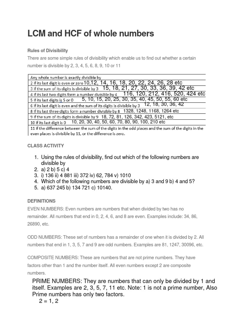 LCM and HCF of Whole Numbers | PDF | Numbers | Integer