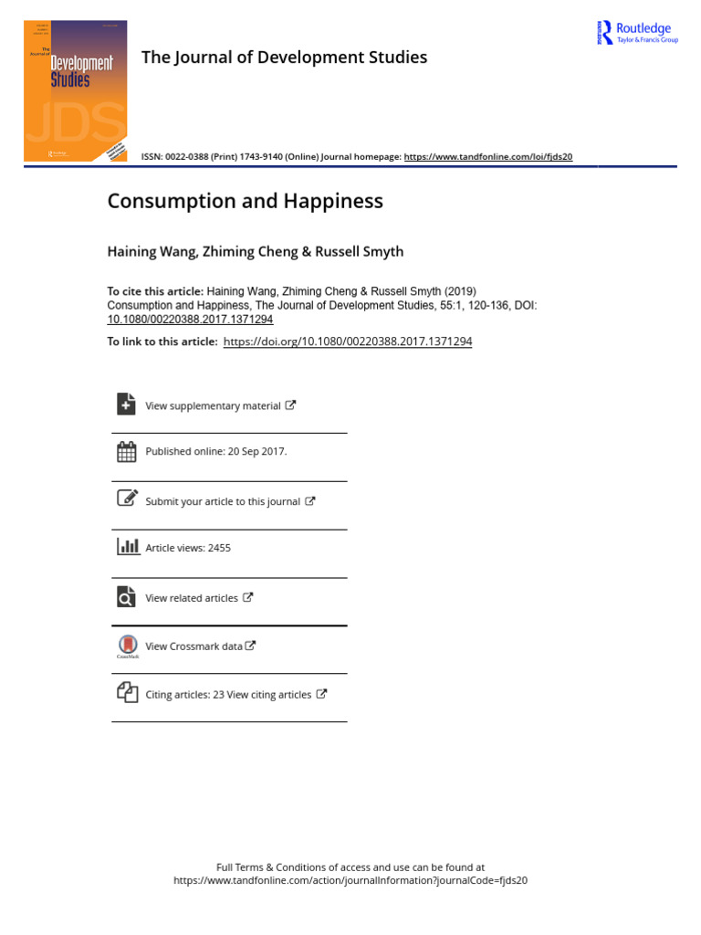 Wang, Zhiming, and Smyth - Consumption and Happiness | PDF | Economies