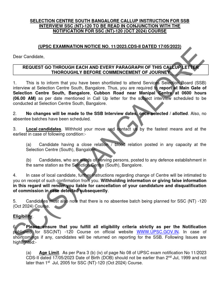 CALL_UP_LETTER_SSC_BANGALORE_FOR_SSC_NT_MEN_120_OCT_2024_COURSE | PDF ...