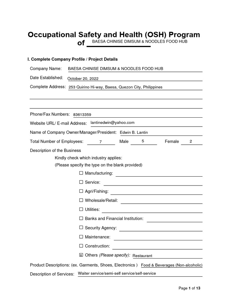 OSH Program BAESA CHINISE DIMSUM & NOODLES HUB | PDF | Occupational ...